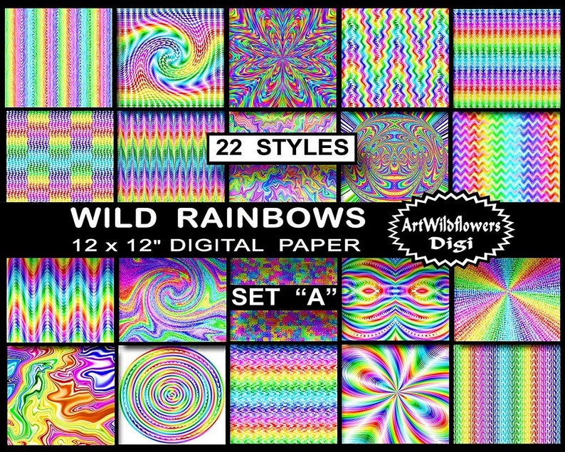 21 Rainbow Paper - Wild Rainbows Digital Papers 12x12" Tiedye ...