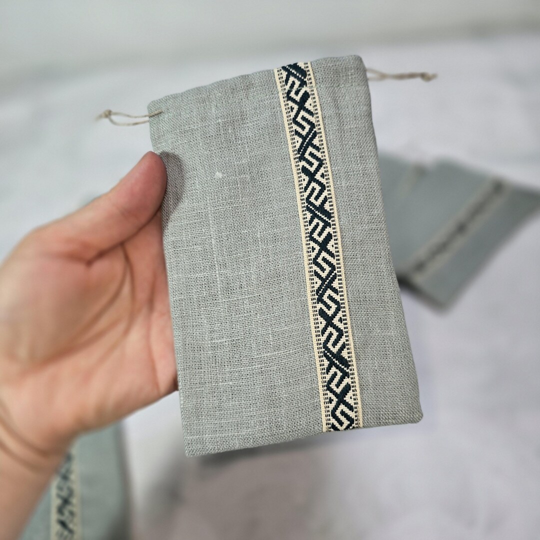 Linen Favor Sachet, Olive Green Gift Bag With Ethnic Trim (10x15cm) - Etsy