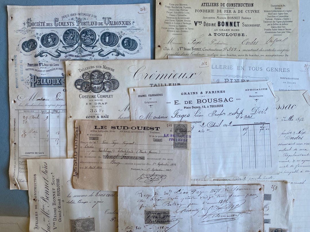 Antique French Paper Ephemera, 10 Hand Written Invoices or Receipts ...