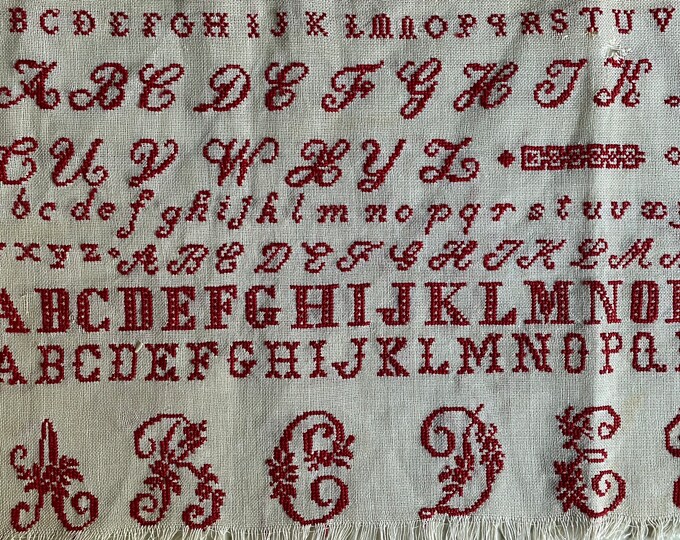 A Vintage French Hand Stitched Sampler, ABC Sampler, Abecedaire, Red ...