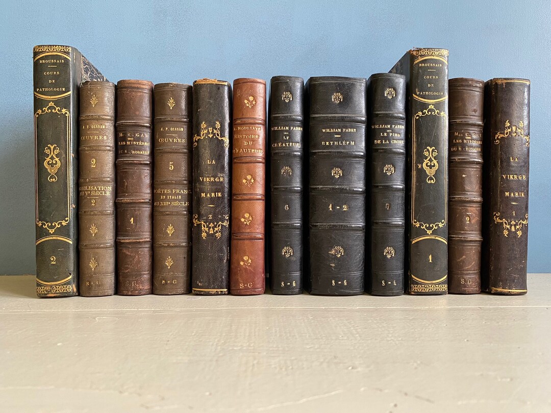 Three Antique French Leather Bound Books, Marbled Covers, Marbled ...