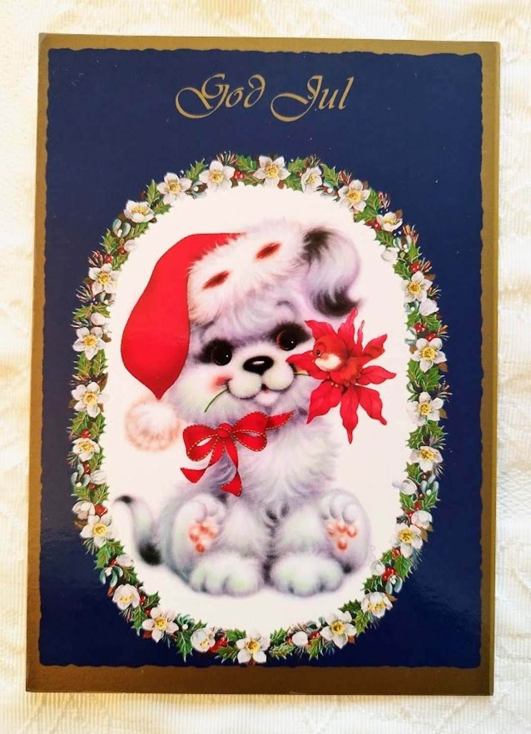 God Jul Nordic Christmas Card Cute Puppy Holding a Poinsettia vintage ...
