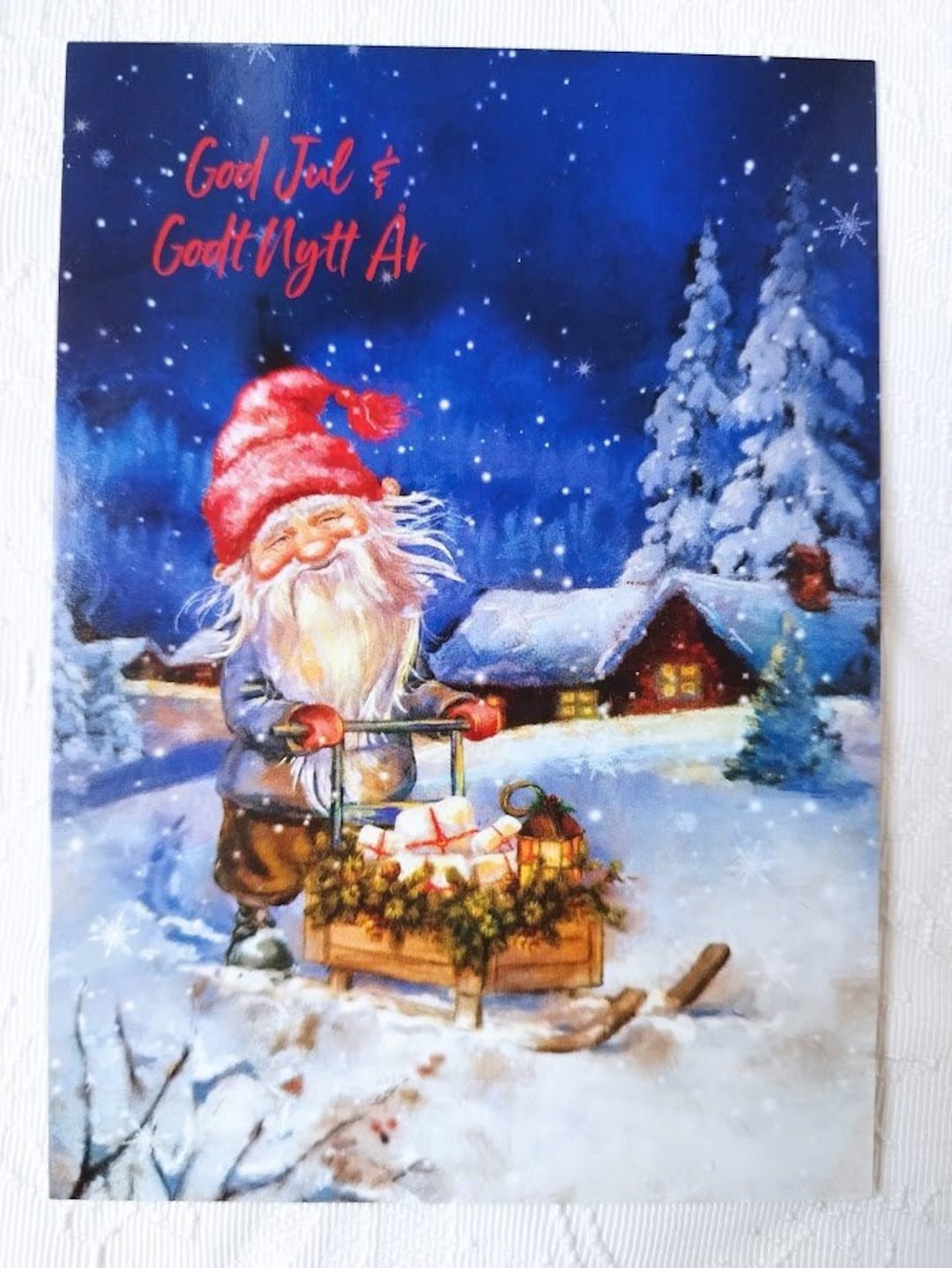 Norwegian Nisse Swedish Tomte Christmas Card Lovely Gnome on Sleigh ...