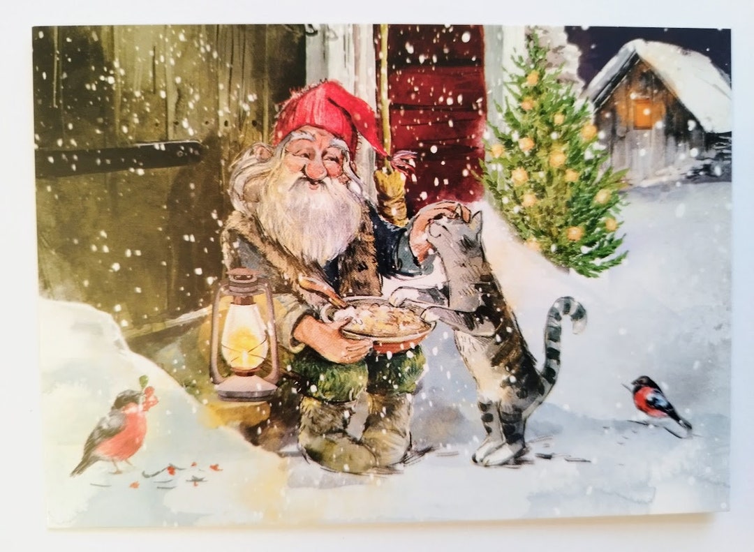 Swedish Tomte Norwegian Nisse Christmas Card Lovely Gnome Sitting With ...