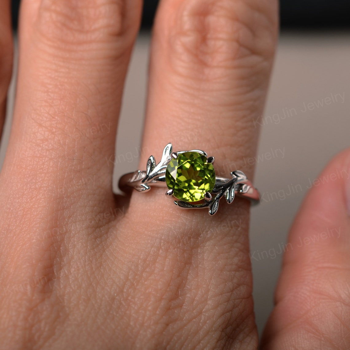 Real Peridot Ring August Birthstone Ring Round Cut Leaves Ring - Etsy