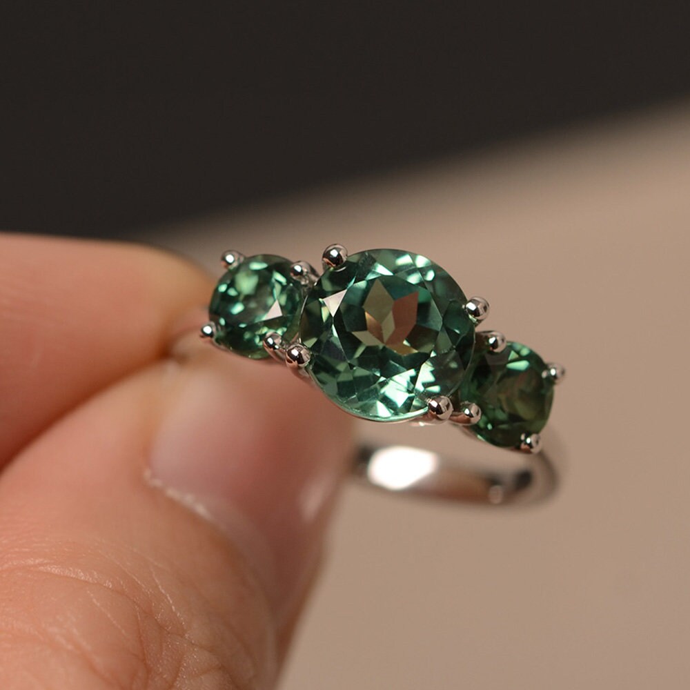 Round Cut Lab Green Sapphire Ring Sterling Silver Three Stone - Etsy
