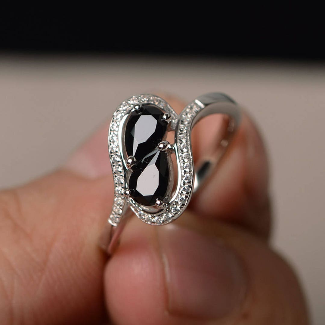 Natural Black Spinel Rings Promise Rings Sterling Silver Rings Pear Cut ...