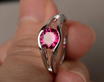 Lab Ruby Ring Round Cut Sterling Silver Solitaire Engagement - Etsy