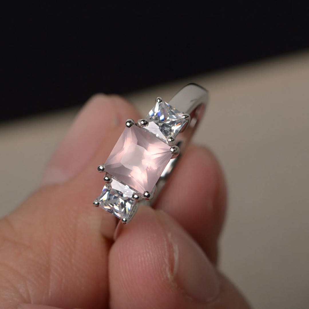 Unique Proposal Rings Natural Rose Quartz Rings Princess Cut Pink Gems ...