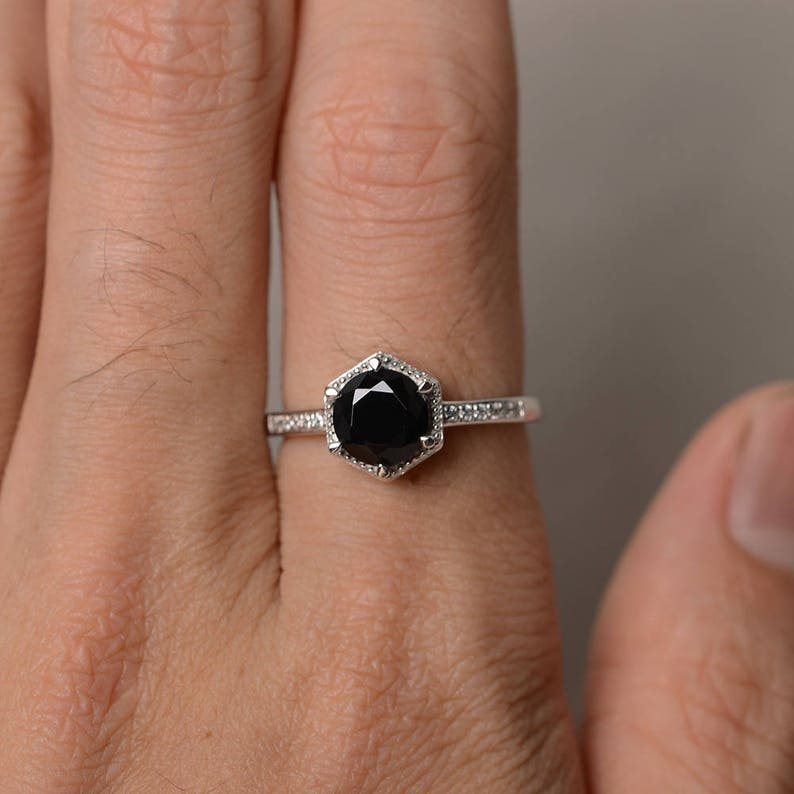 Round Cut Black Spinel Ring Silver Rings Black Ring Gemstone - Etsy