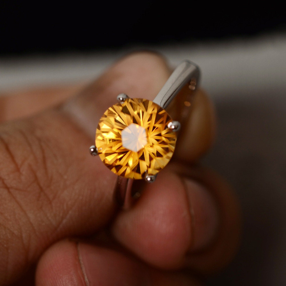Natural Citrine Ring Sterling Silver Ring Round Gemstone Ring - Etsy