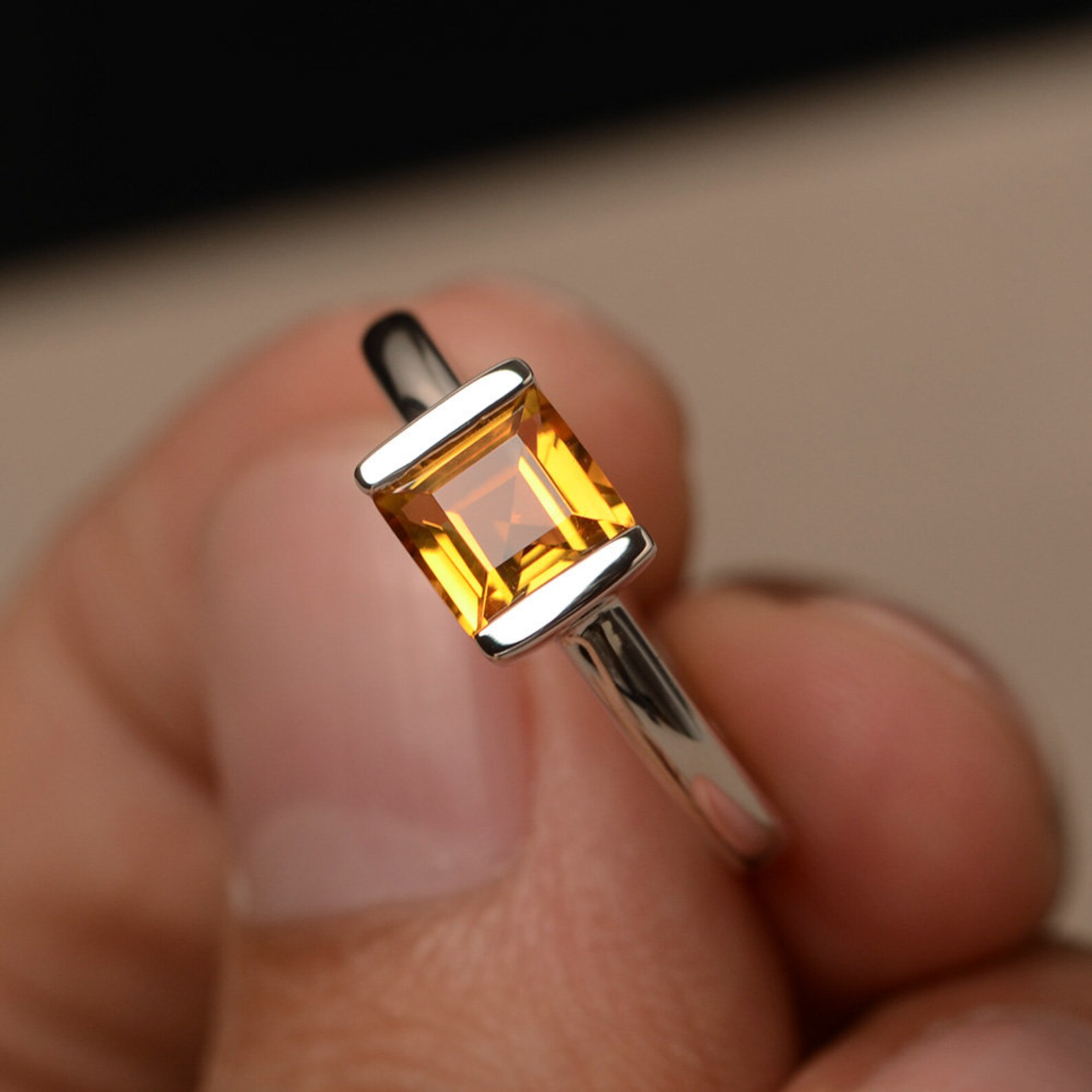 Natural Citrine Ring Square Cut Sterling Silver Ring Yellow - Etsy