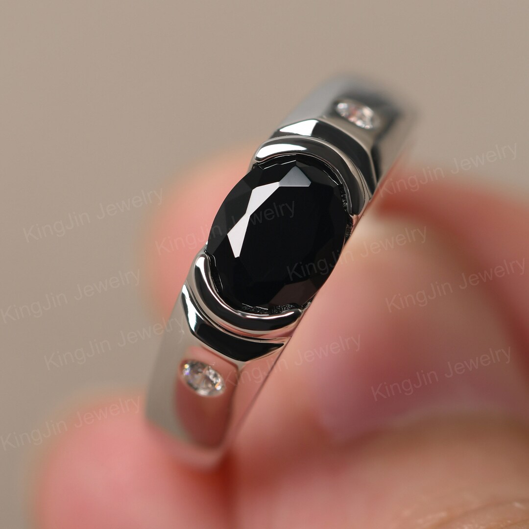 Width Band Black Spinel Ring for Men Oval Shaped Sterling Silver Black ...