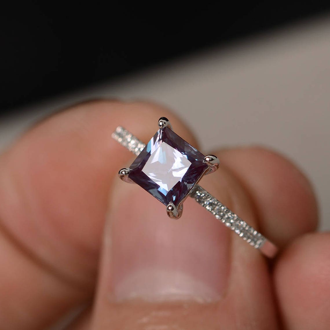 Alexandrite Ring Princess Cut Engagement Ring Silver Slim - Etsy Australia