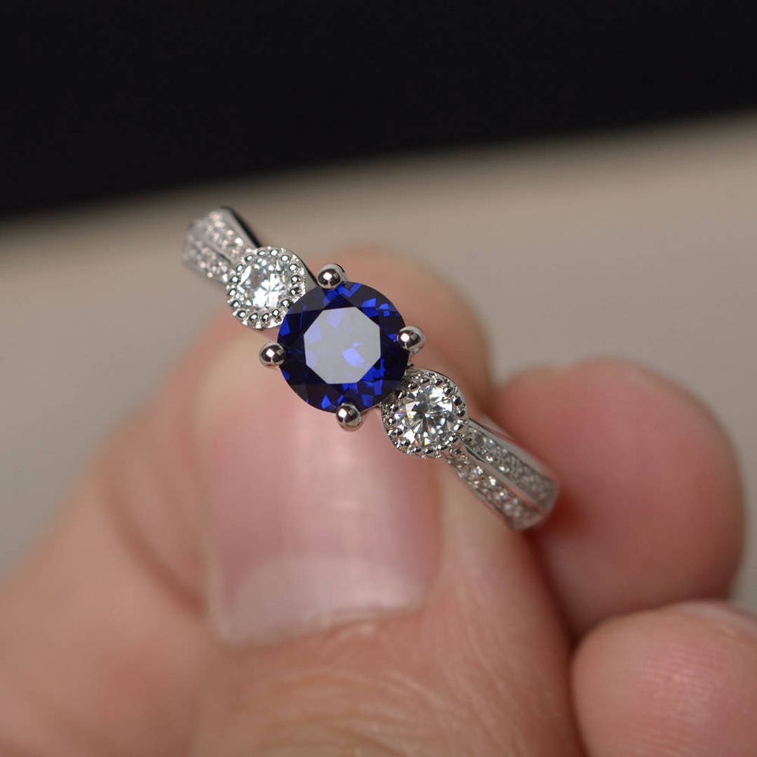 Blue Sapphire Anniversary Rings September Birthstone Round Cut Blue ...