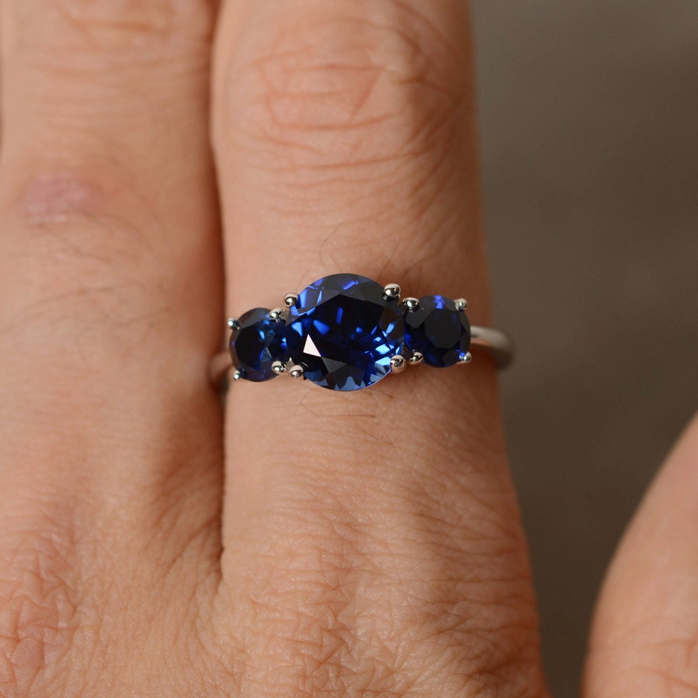 Three Stone Ring Sapphire Ring Sterling Silver Engagement Ring - Etsy