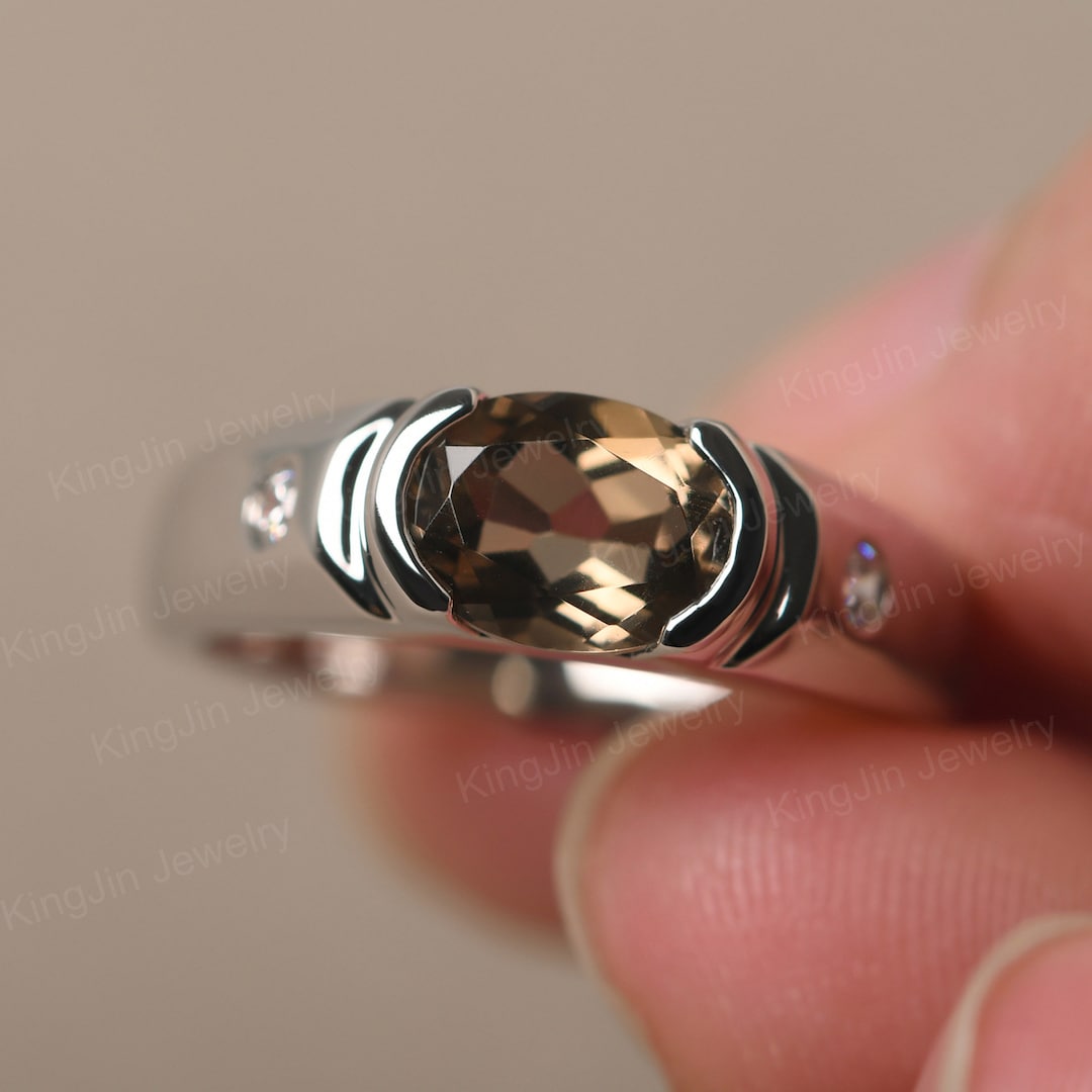 Unique Smoky Quartz Ring for Men Sterling Silver Oval Cut 8x6 Mm Brown ...