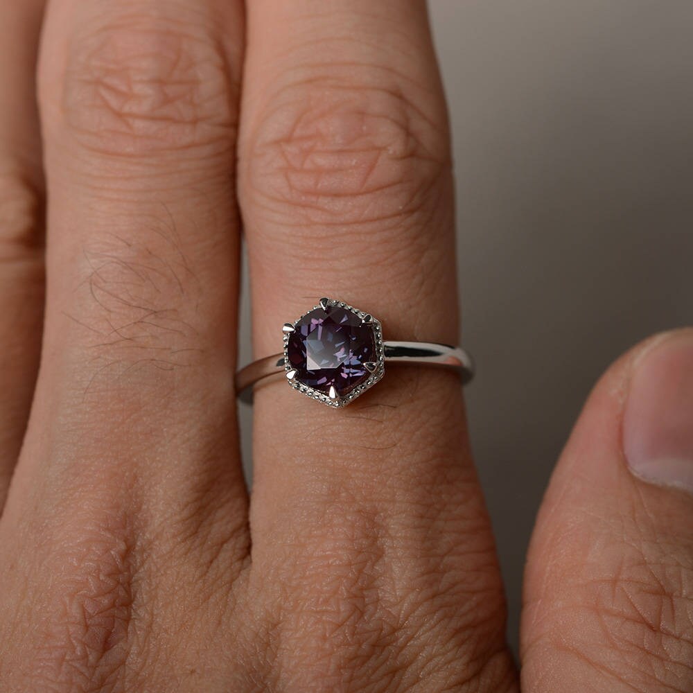 Lab Alexandrite Ring Round Cut Engagement Ring Silver Gemstone | Etsy