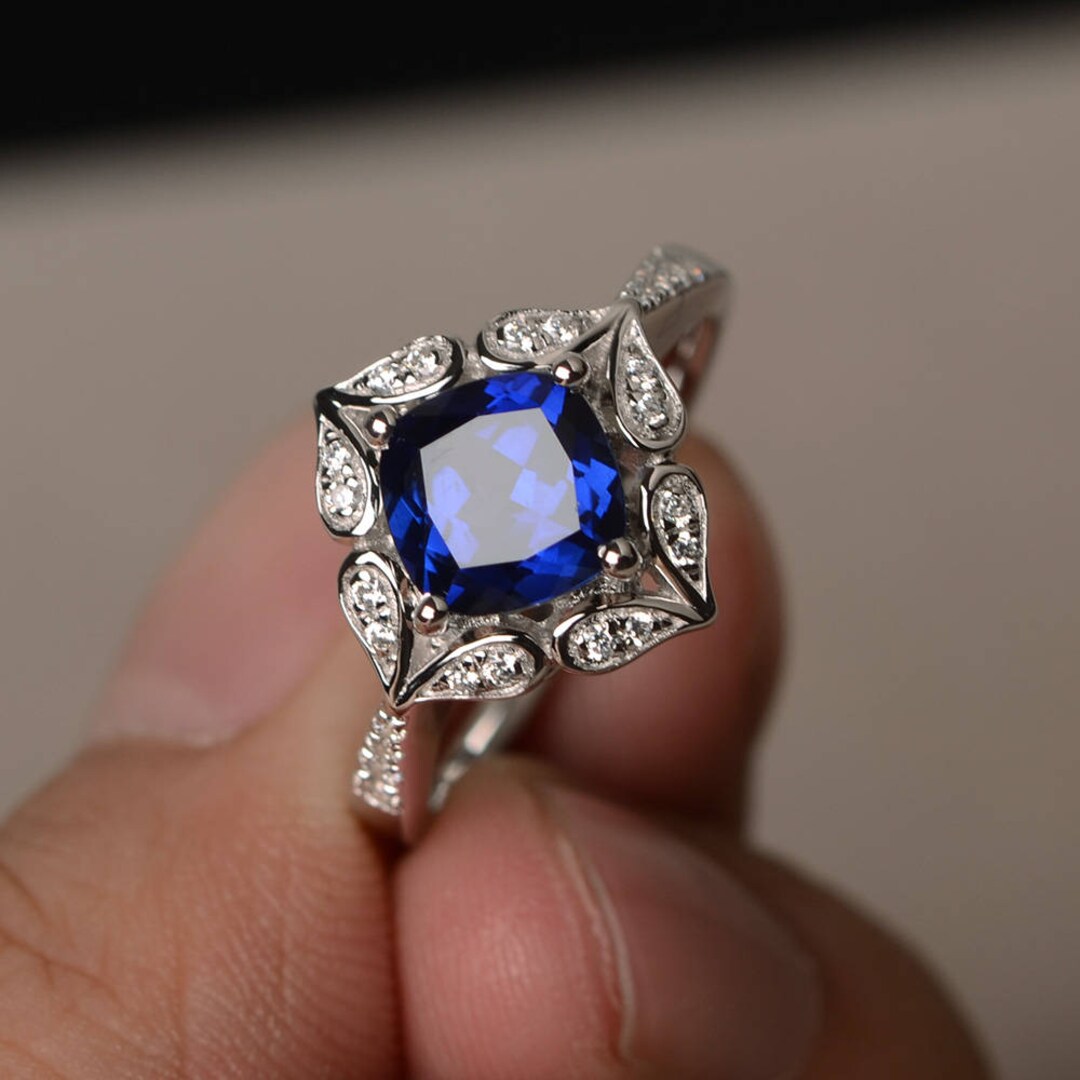 Blue Sapphire Ring Engagement Ring September Birthstone Ring Cushion ...