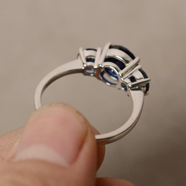 Three Stone Ring Sapphire Ring Sterling Silver Engagement Ring ...