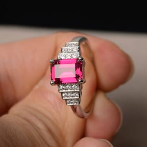 Lab Ruby Ring Anniversary Ring Emerald Cut Ring Sterling Silver Ring ...