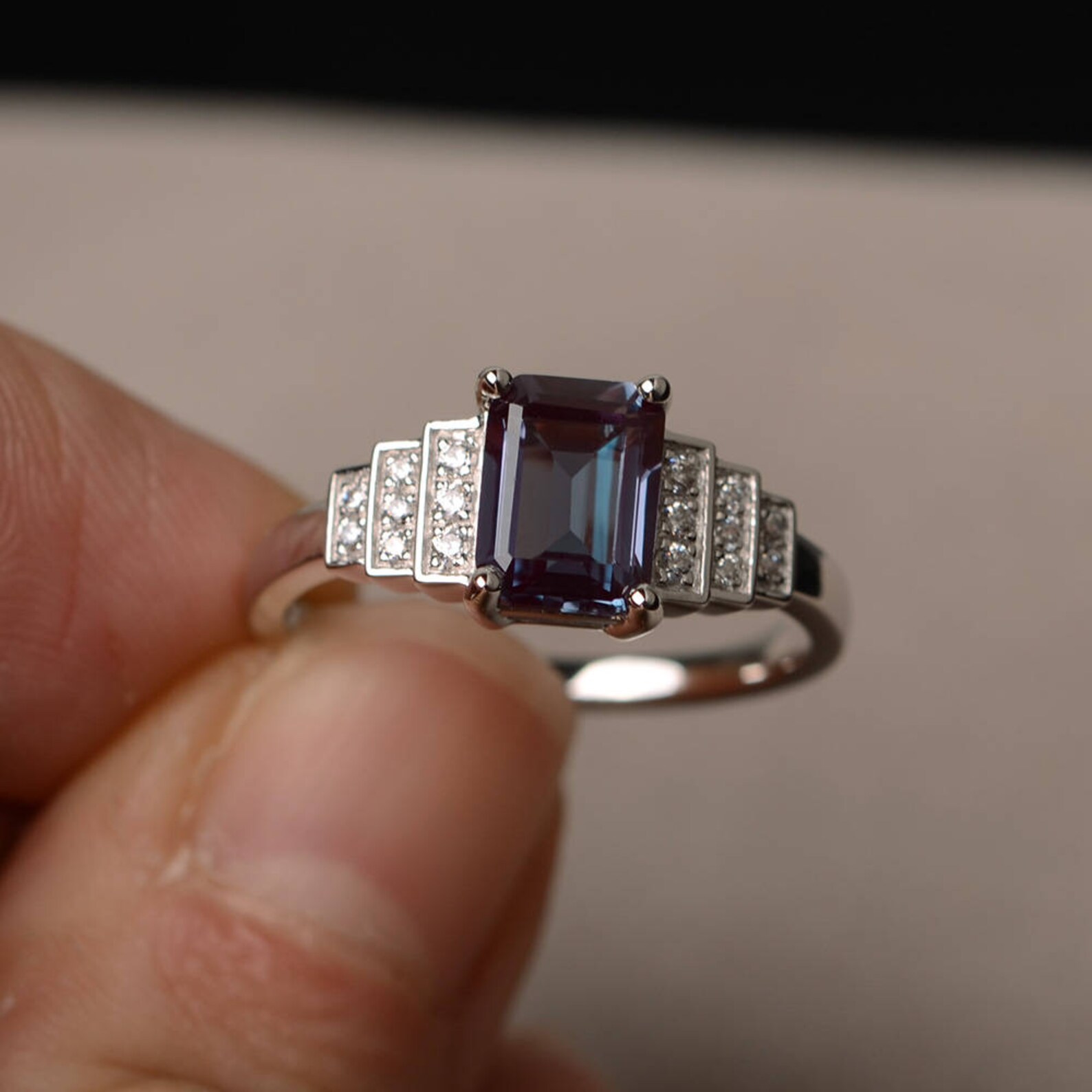 Lab Alexandrite Ring Engagement Ring Emerald Cut Color Change - Etsy