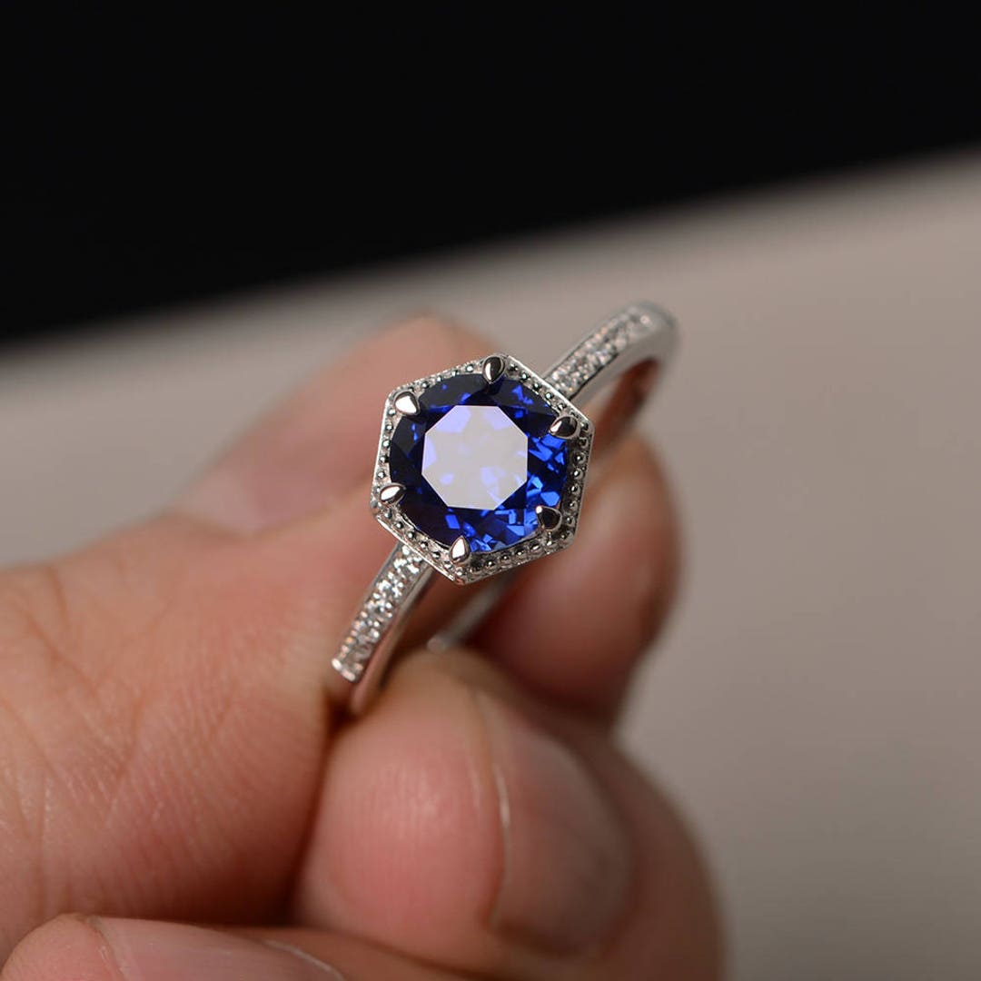 Round Cut Sapphire Ring Blue Gemstone Ring Silver Engagement Ring ...