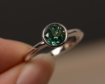 Unique Green Sapphire Engagement Ring Sterling Silver Round Cut Free ...