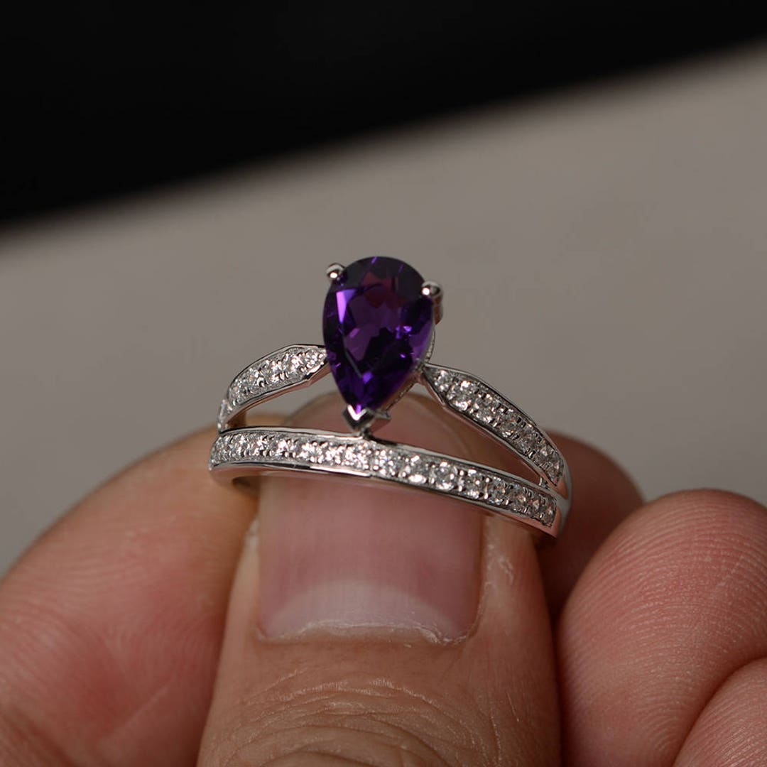 Purple Ring Natural Amethyst Ring Pear Cut Gemstone Engagement Ring ...