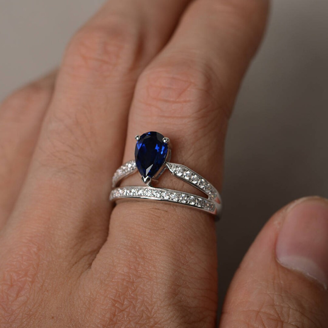 Sapphire Engagement Ring Silver Tear Drop Gemstone Ring Blue - Etsy