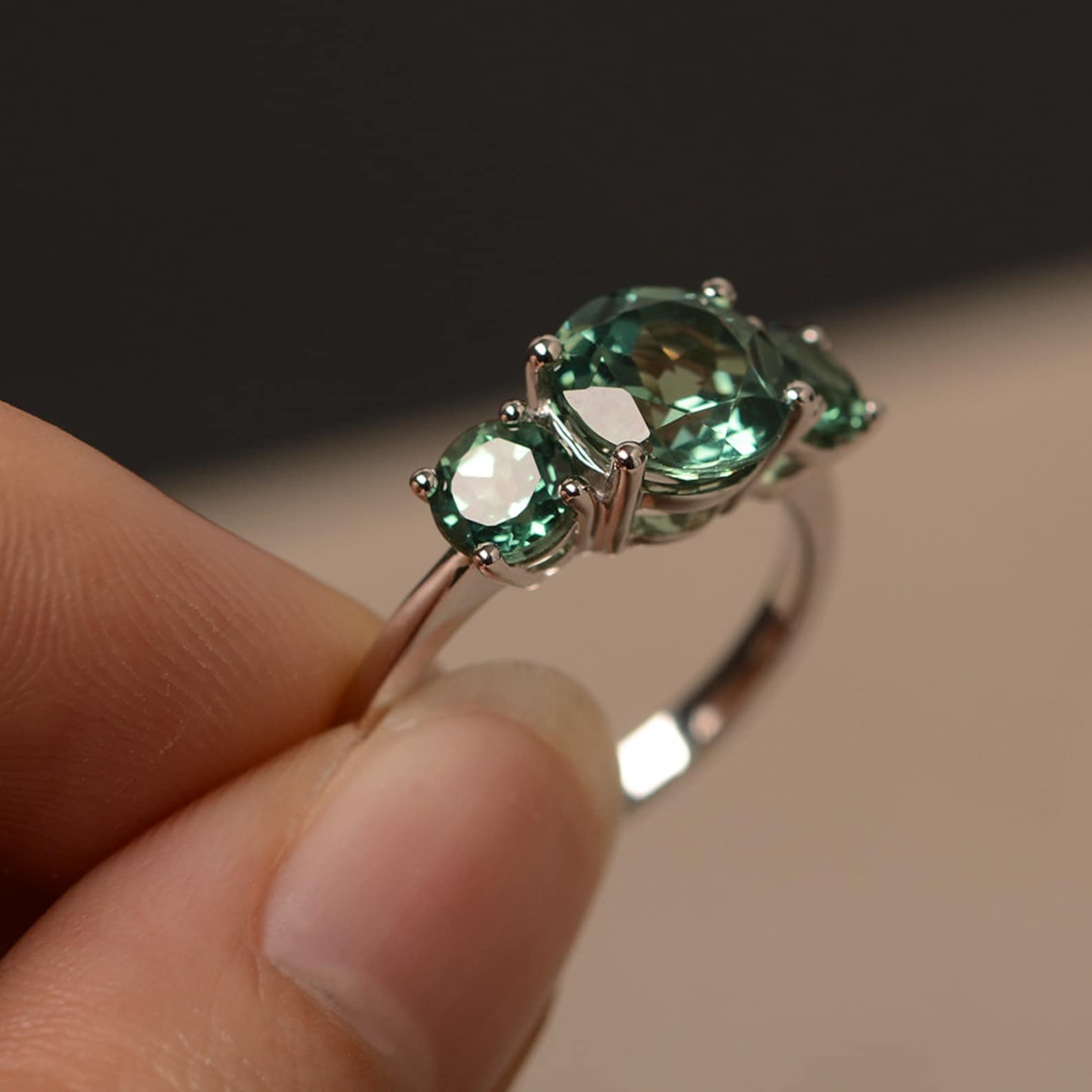 Round Cut Lab Green Sapphire Ring Sterling Silver Three Stone - Etsy ...