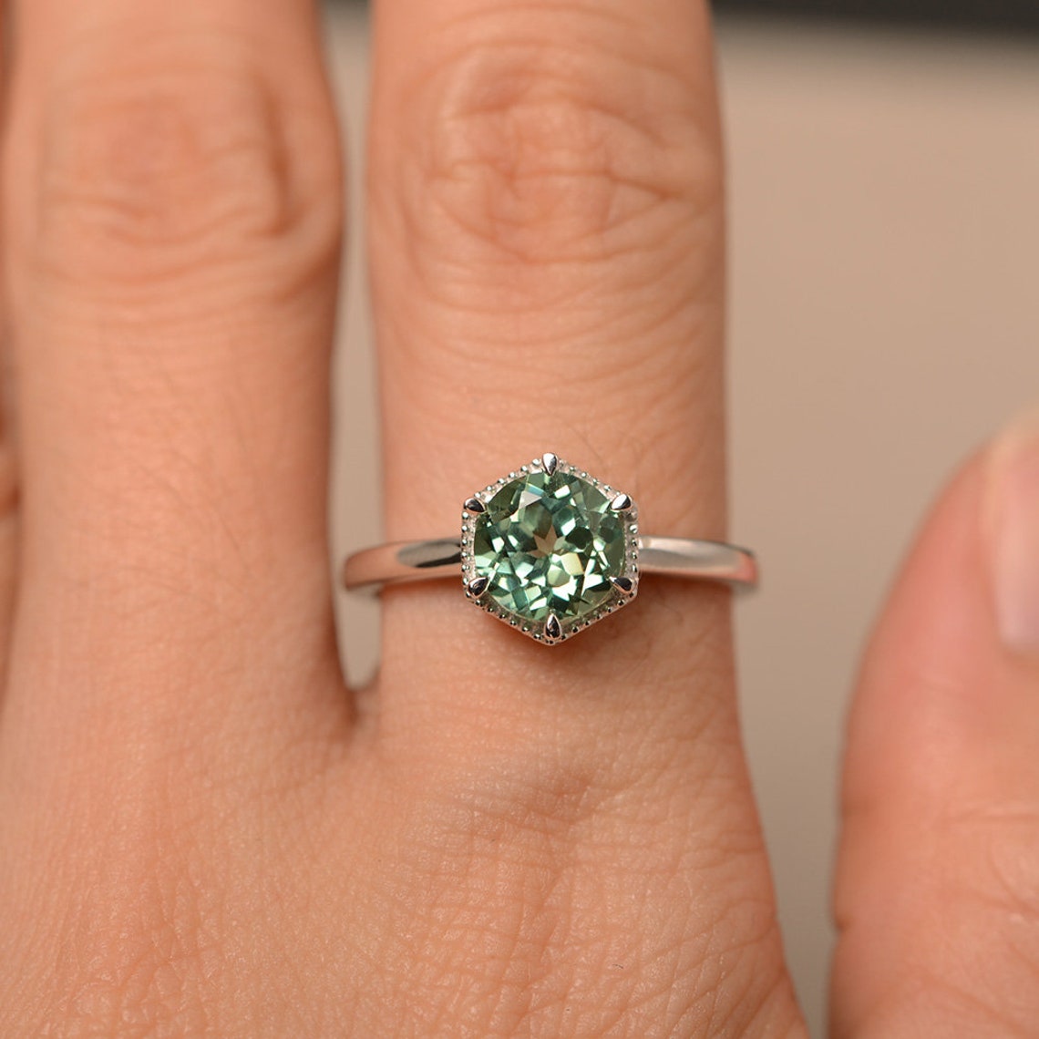 Round Cut Green Sapphire Ring Green Gemstone Ring Silver - Etsy