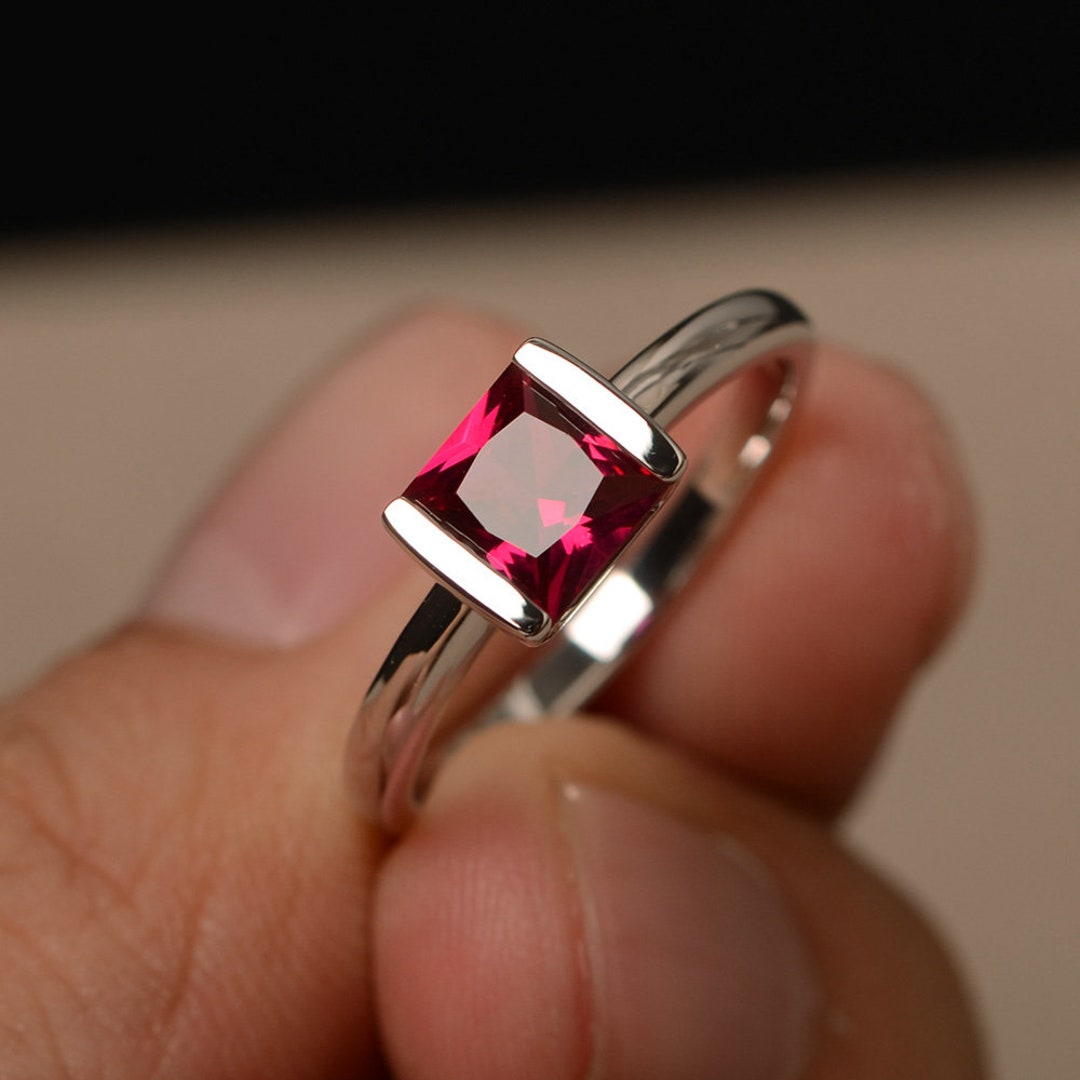 Red Ruby Rings Solitaire Ring July Birthstone White Gold Rings Princess ...