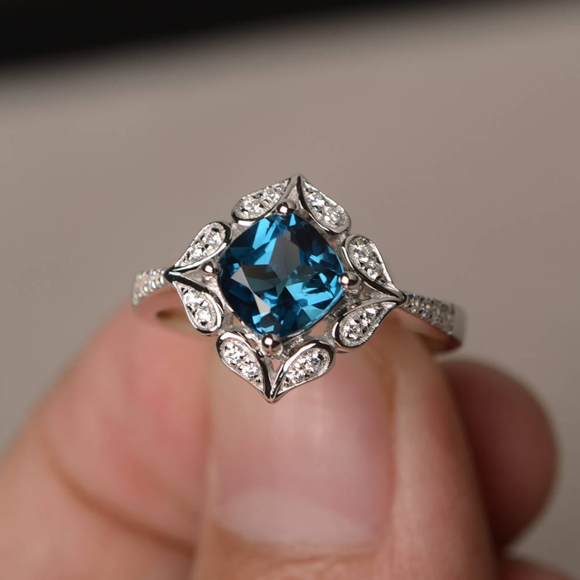 Promise Ring London Blue Topaz Ring Cushion Cut Blue Gemstone - Etsy