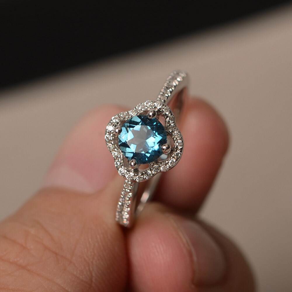 London Blue Topaz Ring Round Cut Blue Gemstone Ring Sterling - Etsy