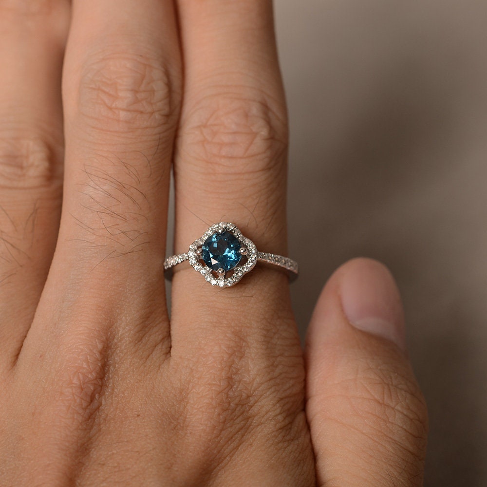 London Blue Topaz Ring Round Cut Blue Gemstone Ring Sterling - Etsy
