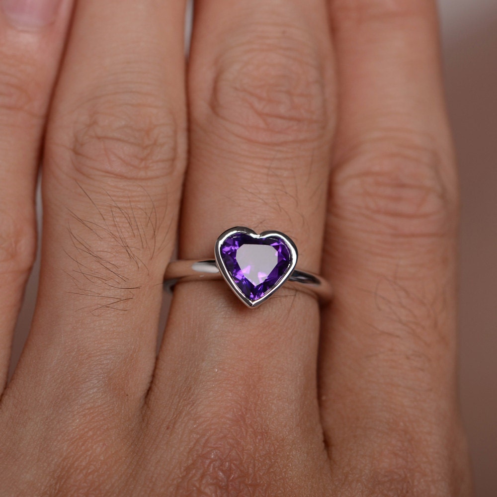 Natural Purple Amethyst Ring Heart Ring Bezel Setting Promise | Etsy