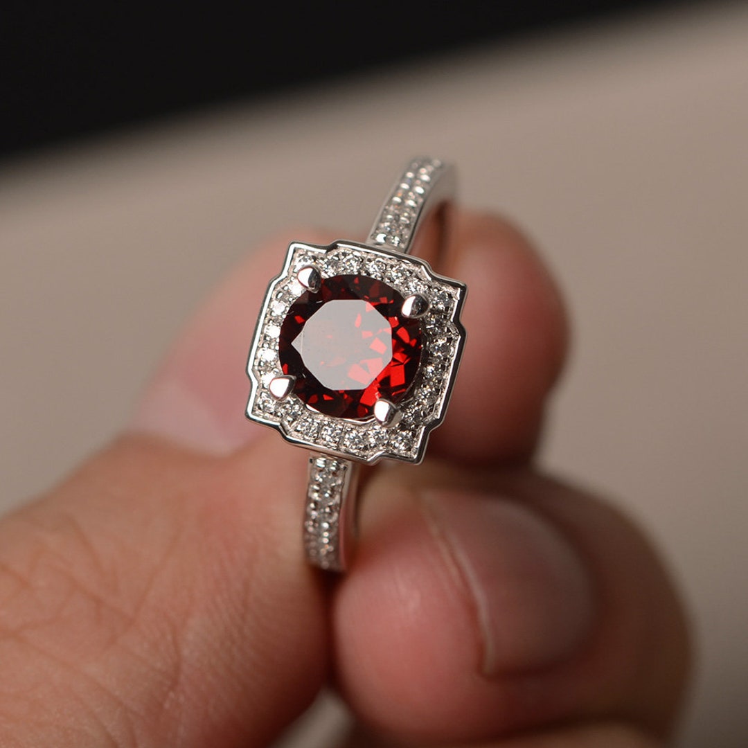 Garnet Rings Round Cut Rings Square Halo Ring Engagement Rings Red ...