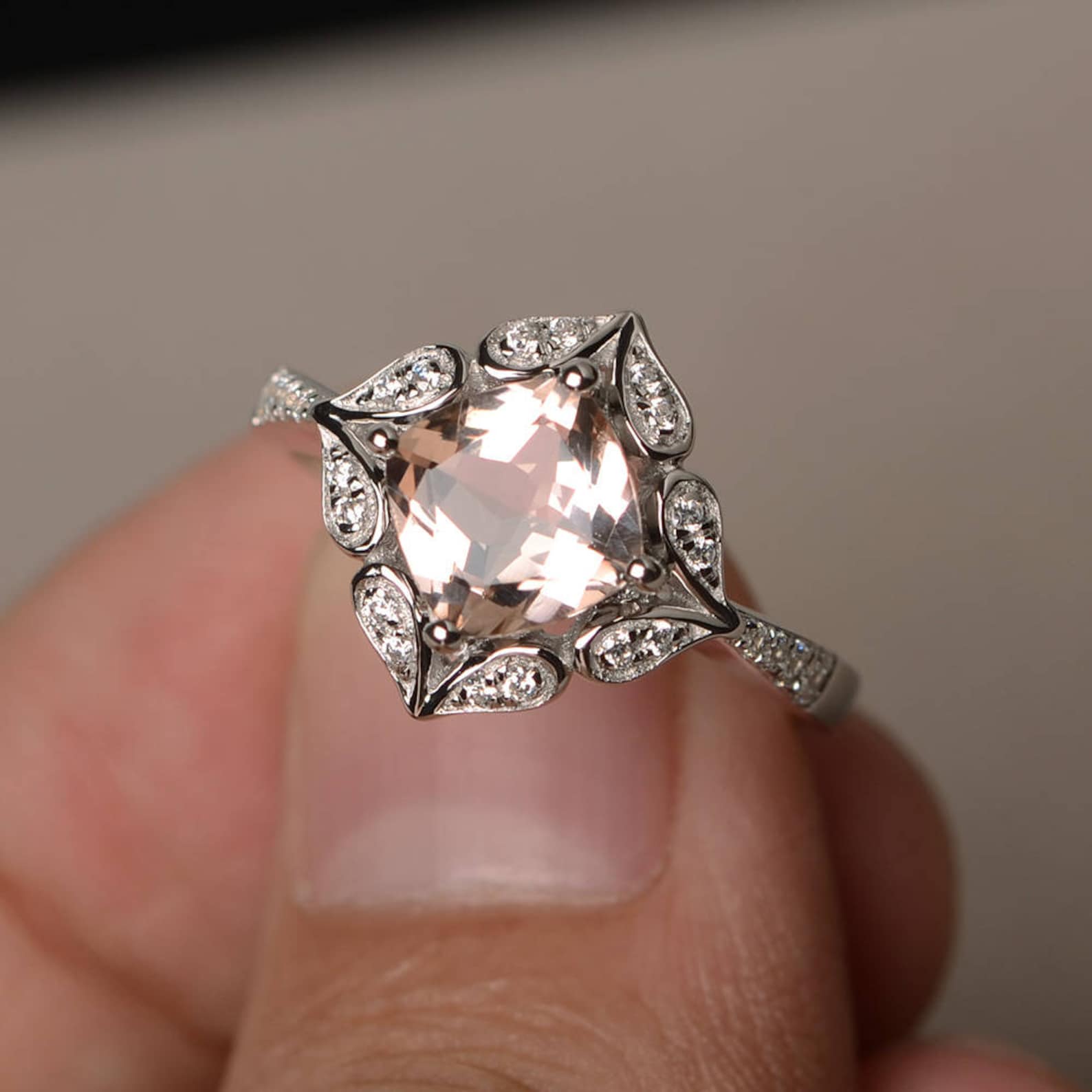Engagement Ring Natural Pink Morganite Ring Cushion Cut Pink - Etsy