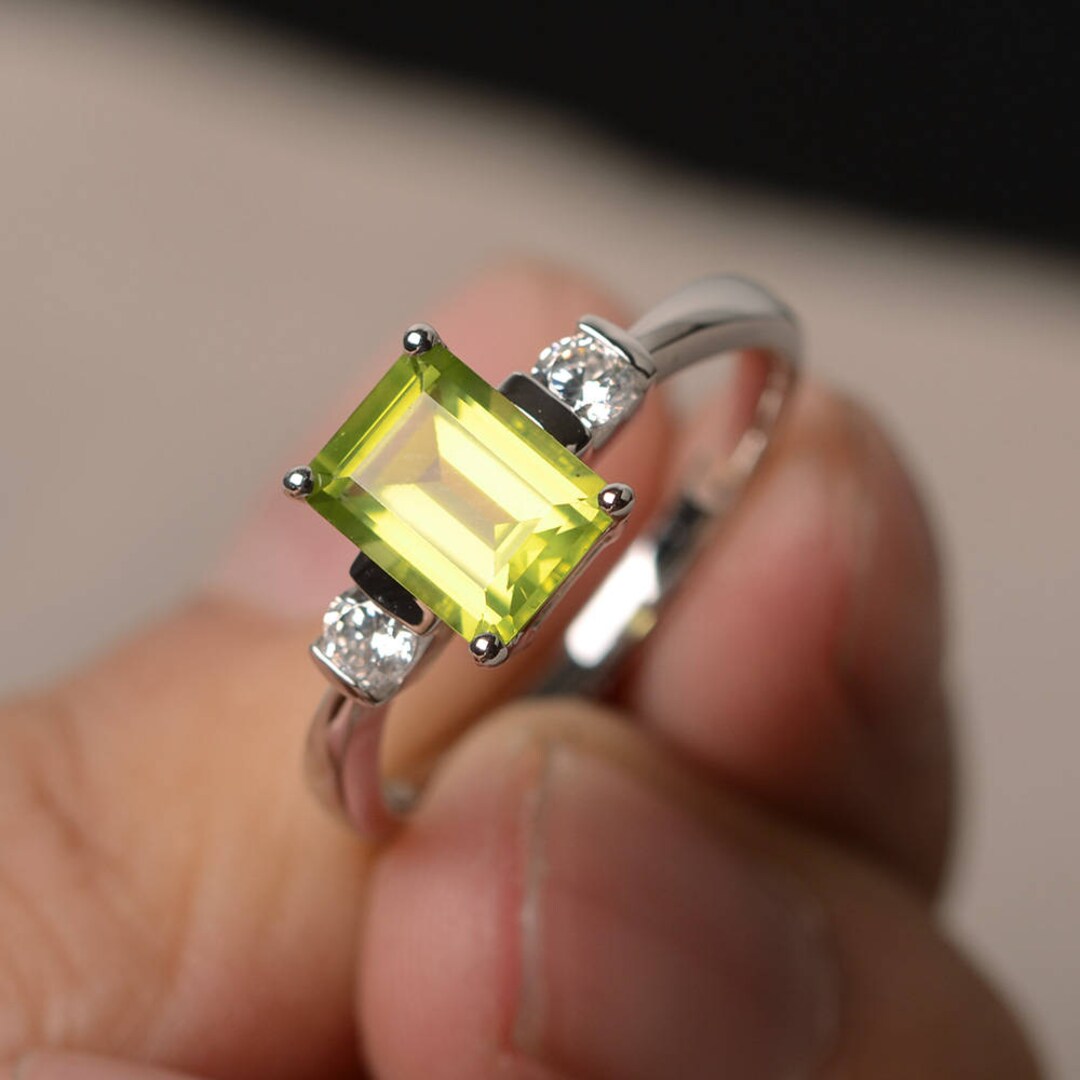 Natural Peridot Ring Promise Ring August Birthstone Ring Emerald Cut ...