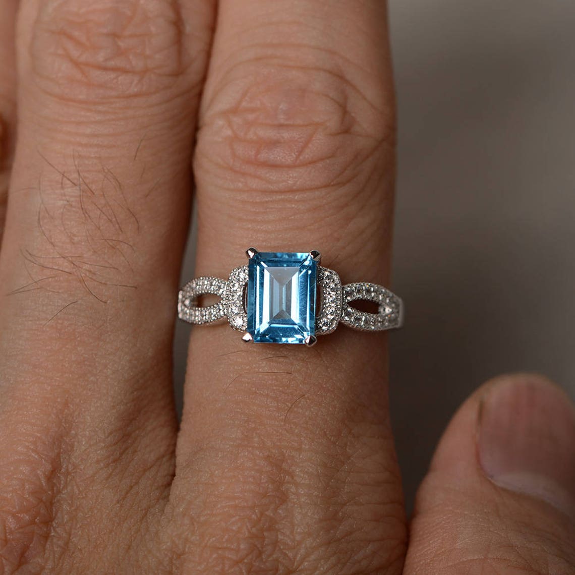 Swiss Blue Topaz Ring Emerald Cut Wedding Engagement Rings | Etsy