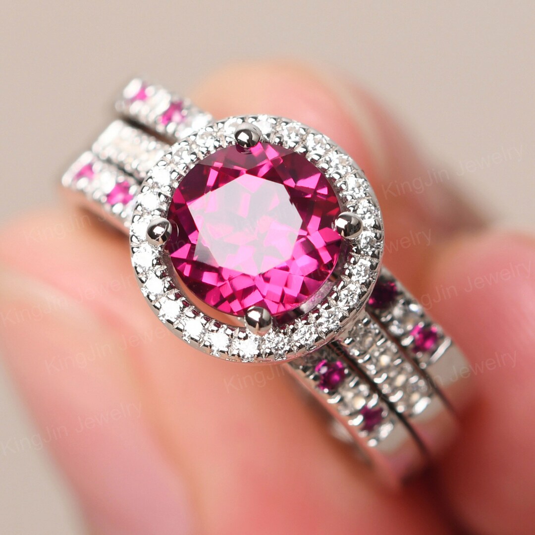 Vintage Ruby Bridal Ring Sets Sterling Silver Wedding Stackable Rings ...
