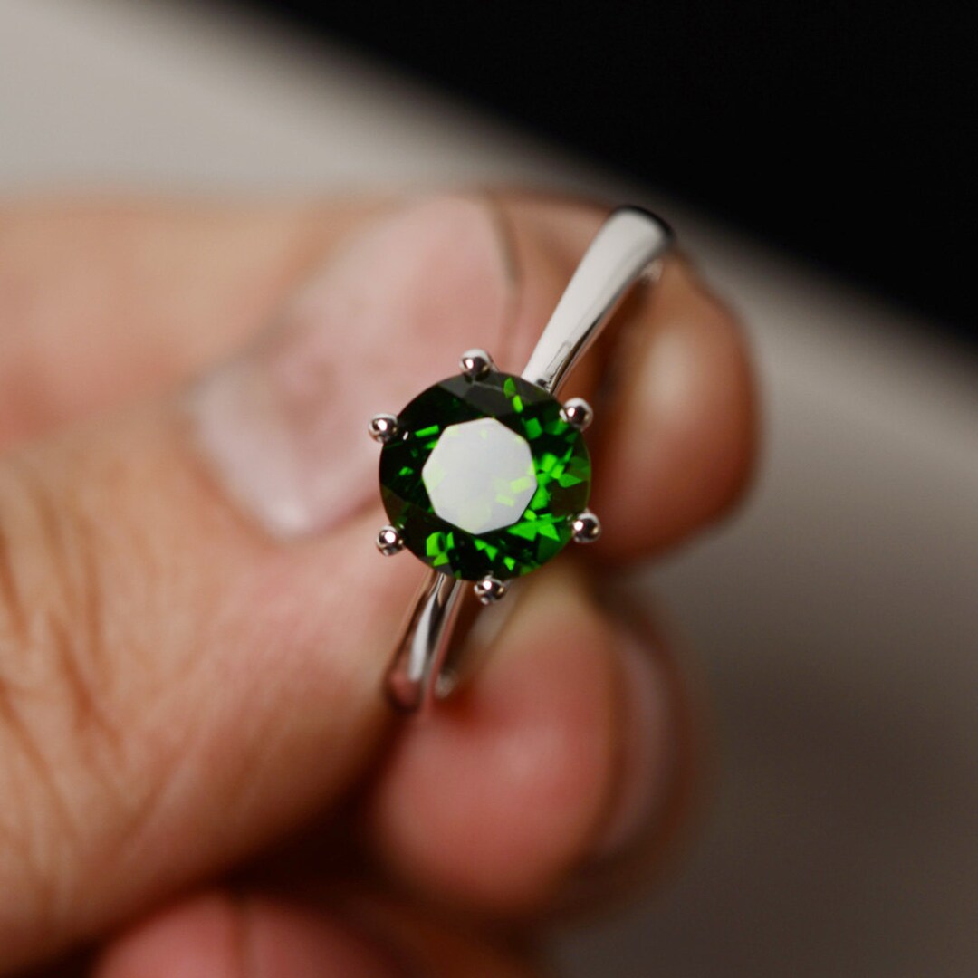 Natural Russian Chrome Diopside Ring 8mm Round Cut Green Gemstone Ring ...