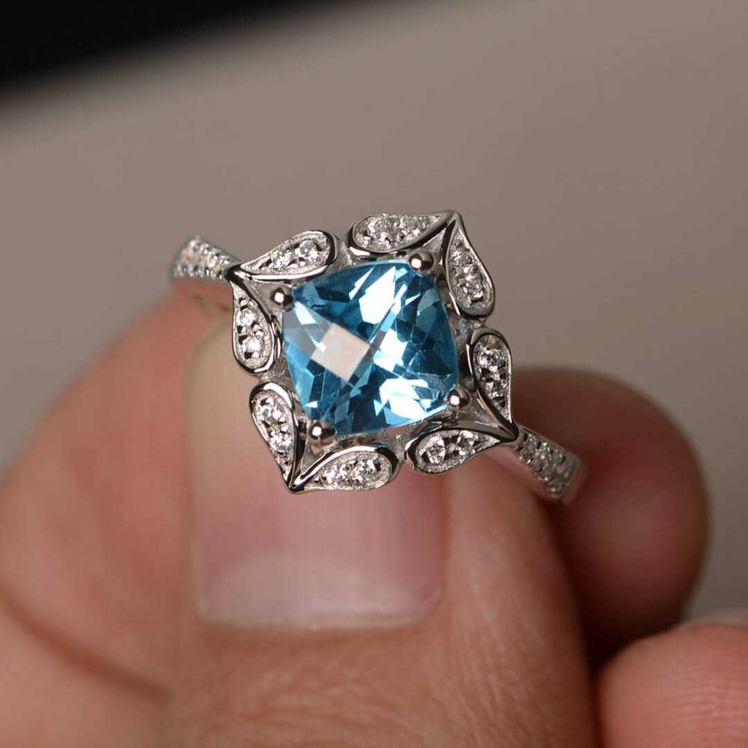 Swiss Blue Topaz Ring Anniversary Ring Cushion Cut Blue Gemstone ...