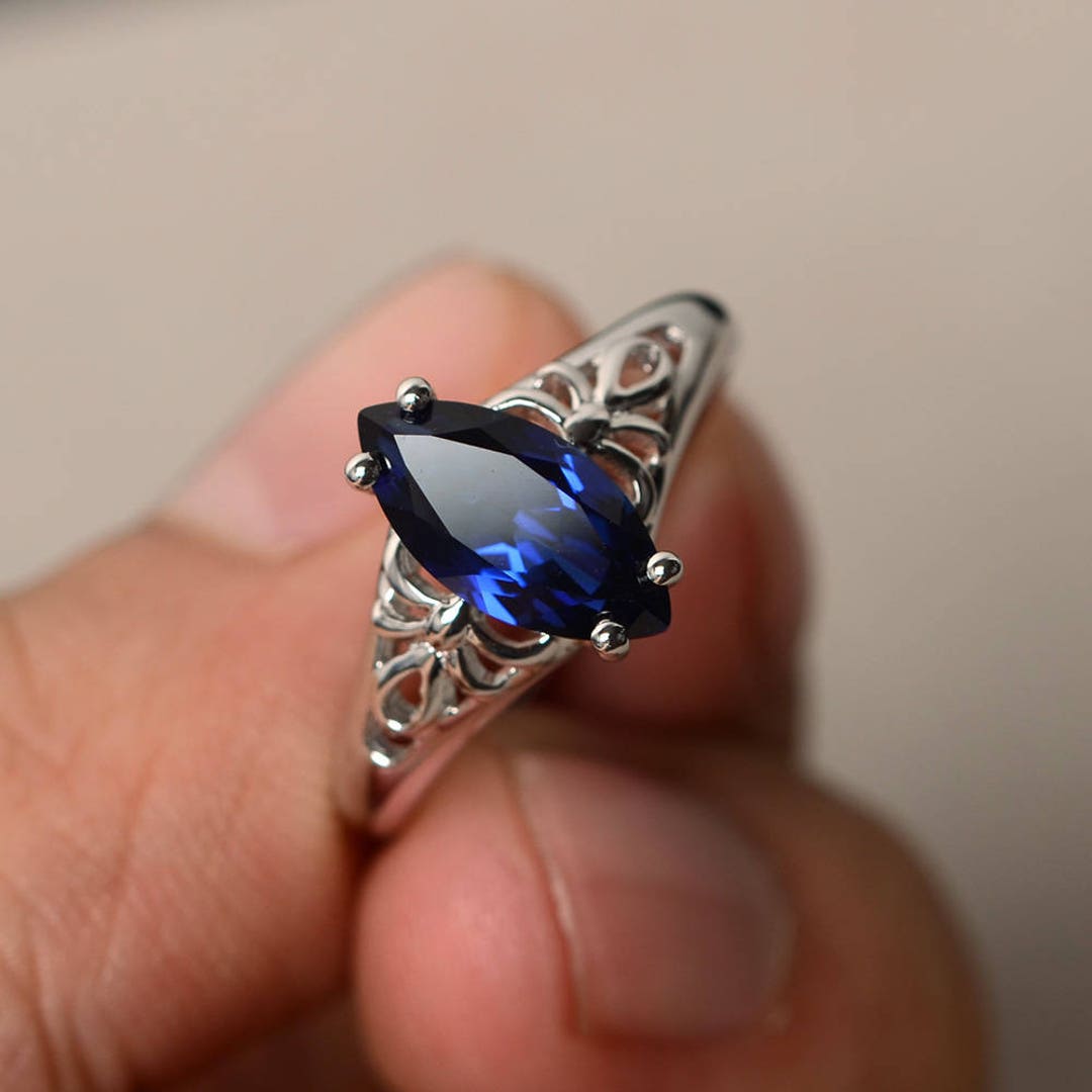 Blue Sapphire Silver Rings Sapphire Wedding Rings Marquise Shape Rings ...