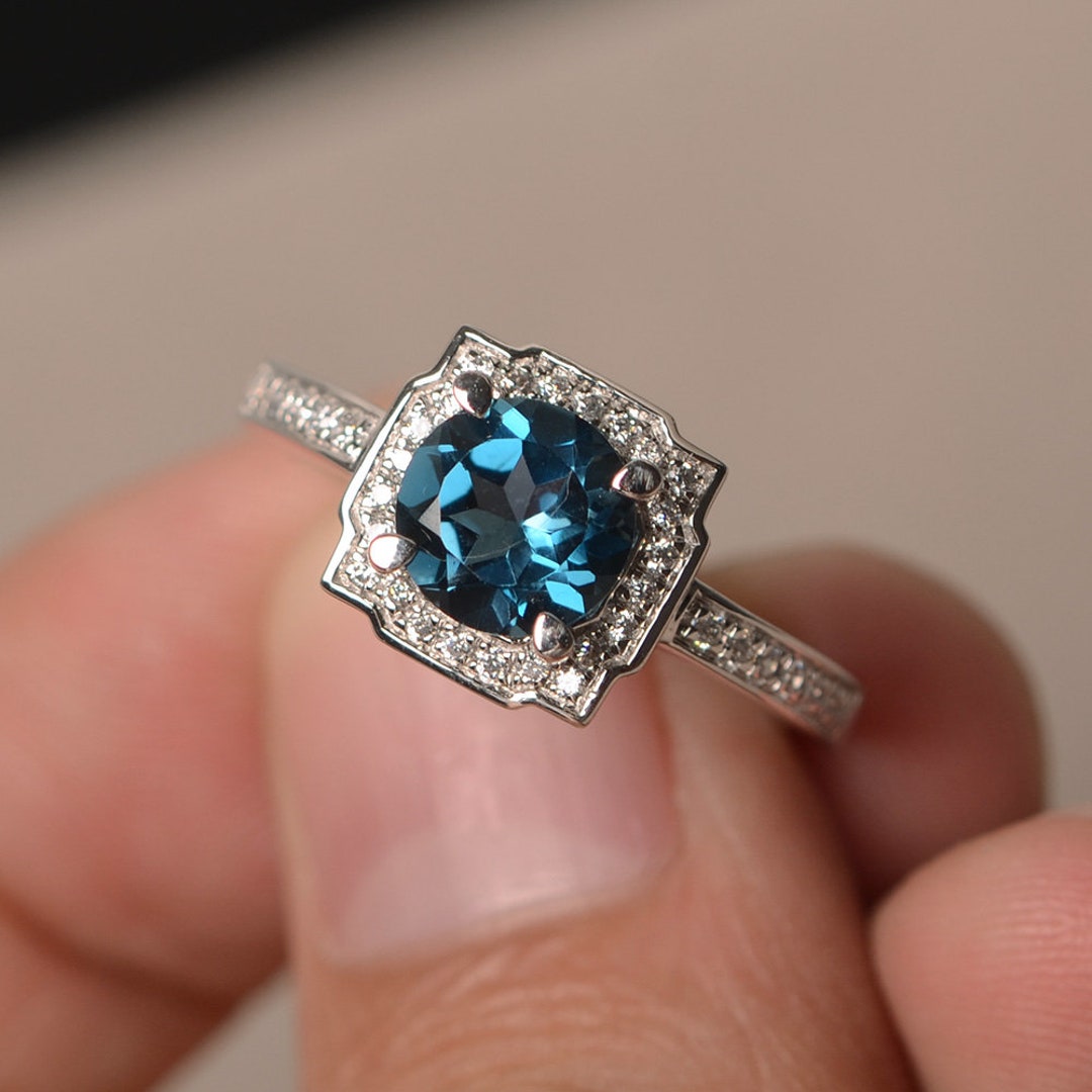 London Blue Topaz Ring Round Cut Blue Gemstone Ring Square Halo Ring ...