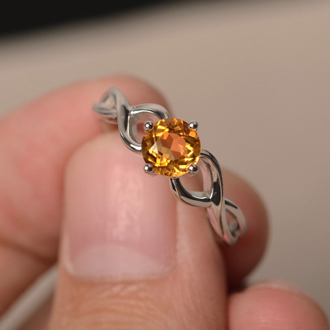 Natural Citrine Ring Round Cut Gemstone Ring Sterling Silver November ...