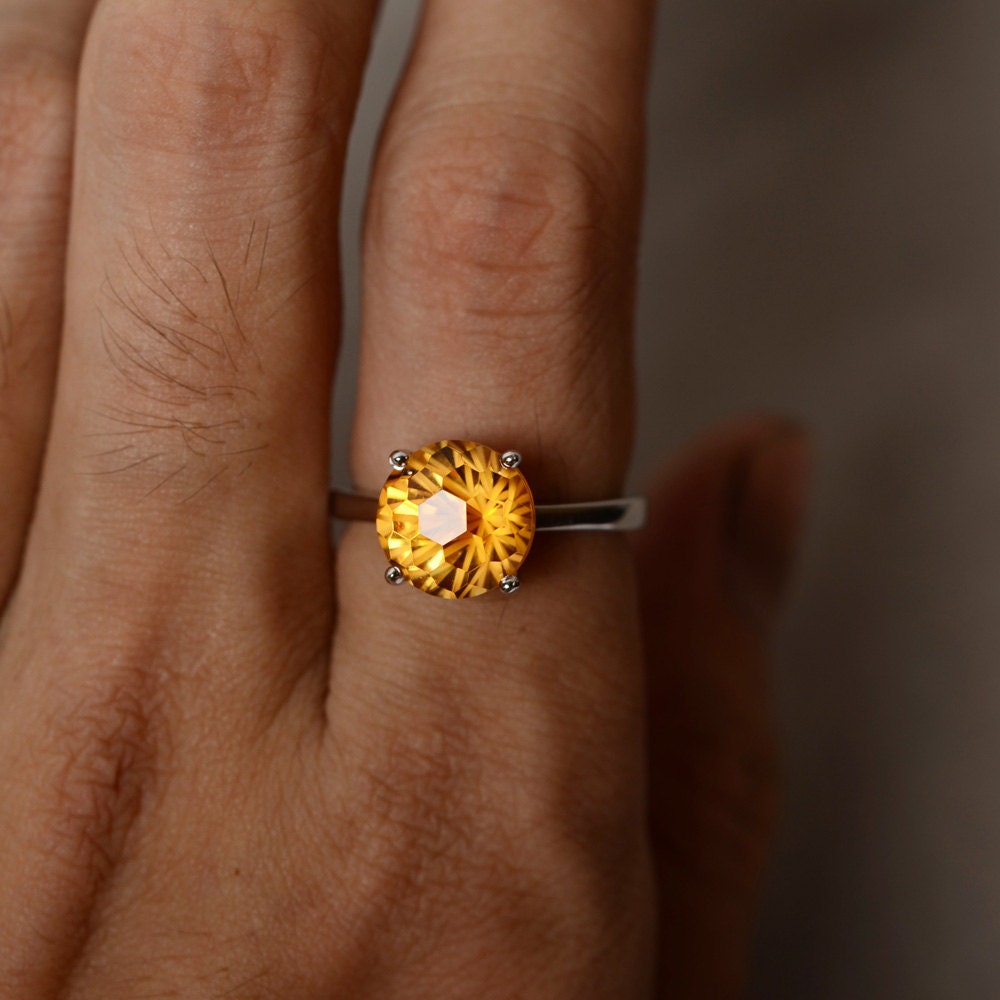Natural Citrine Ring Sterling Silver Ring Round Gemstone Ring - Etsy