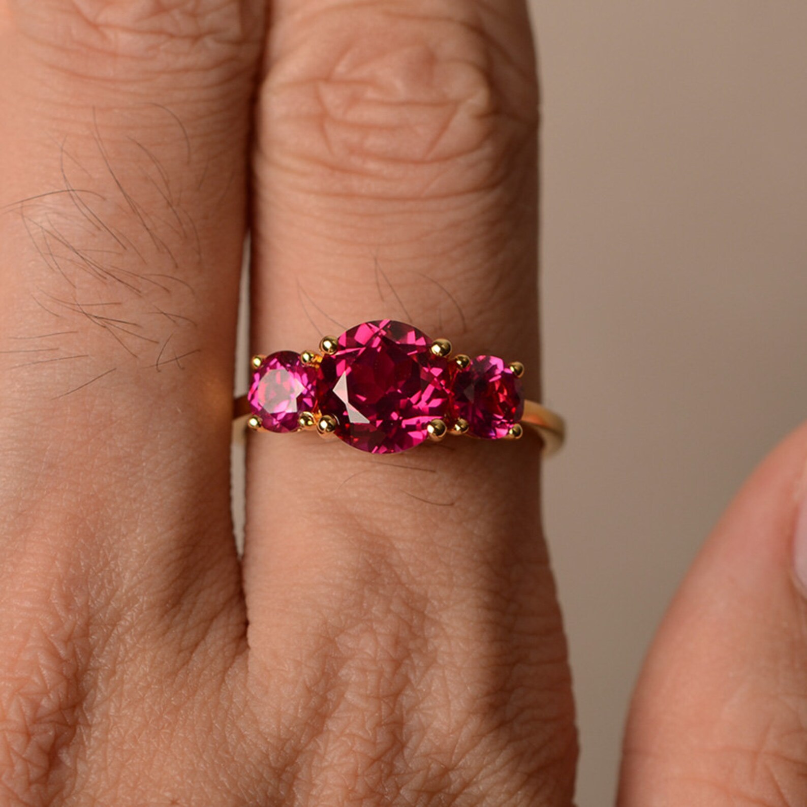 Lab Ruby Rings Round Cut Rings Plated Yellow Gold Rings Three - Etsy