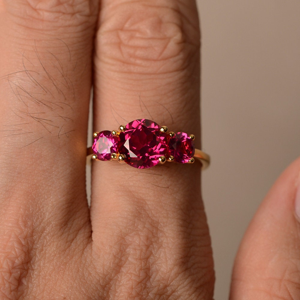 Lab Ruby Rings Round Cut Rings Plated Yellow Gold Rings Three | Etsy